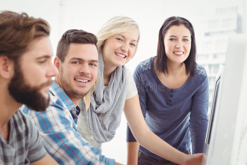 Portrait of Cheerful Business Team Working at Desk Stock Image - Image ...