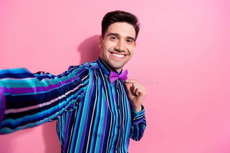 Portrait Of Cheerful Classy Person Toothy Smile Make Selfie Arm Touch