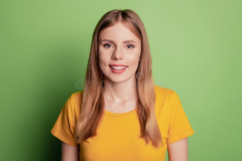 Portrait Of Cheerful Cute Lovely Lady Toothy Beaming Smile Wear Yellow