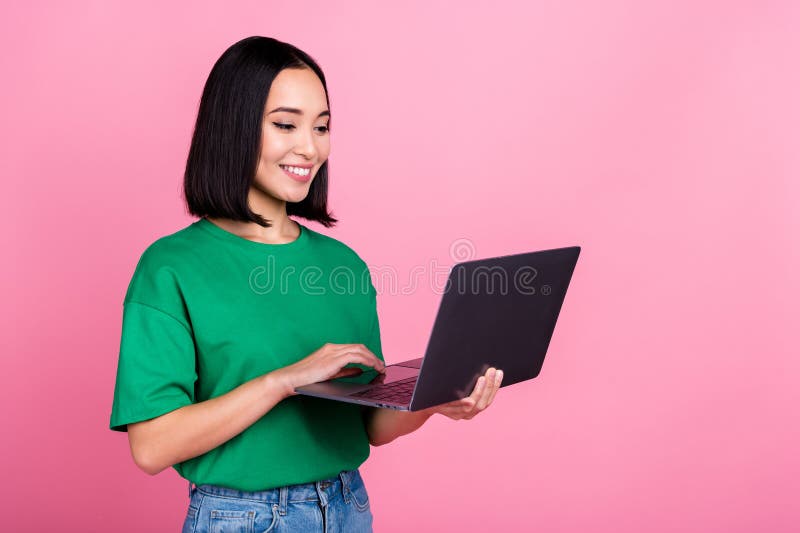 Portrait Of Cheerful Cute Woman Straight Hairstyle Wear Oversize T