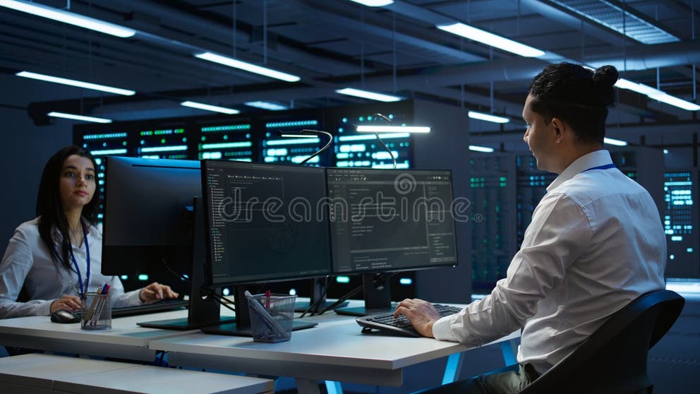 Portrait of Cheerful Engineer in Data Center Installing Software on Computer Stock Image - Image ...