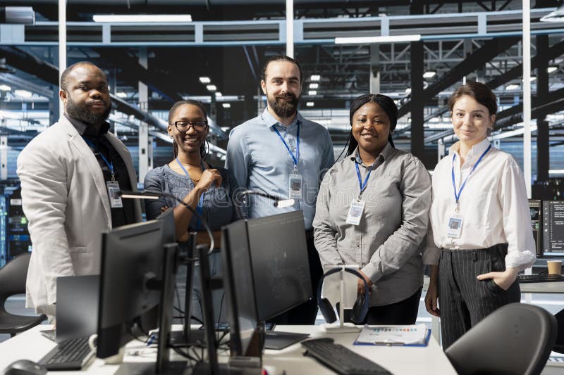 Portrait of Cheerful Engineering Team in Data Center Running Scripts Stock Photo - Image of ...
