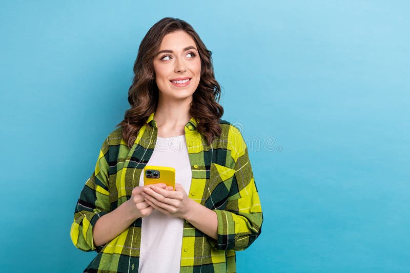 Portrait Of Cheerful Girl Wavy Hairstyle Wear Plaid Jacket Hold