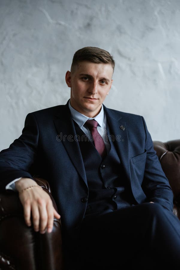 Portrait of a Cheerful Groom in a Blue Suit Stock Image - Image of ...
