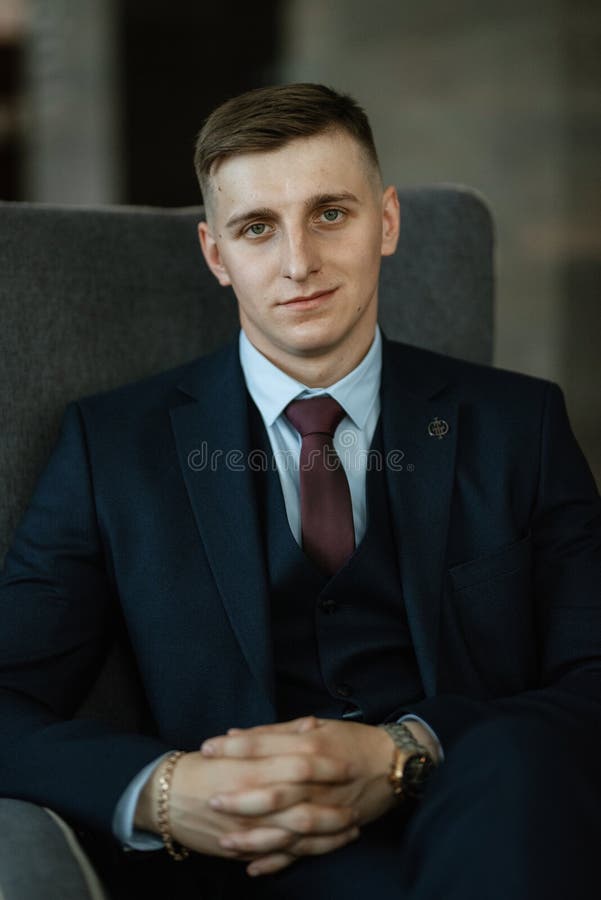 Portrait of a Cheerful Groom in a Blue Suit Stock Image - Image of ...