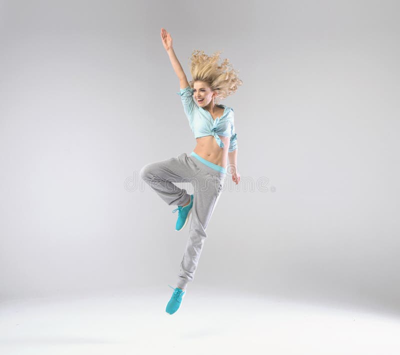 Portrait of Cheerful Jumping Woman Stock Image - Image of healthy ...