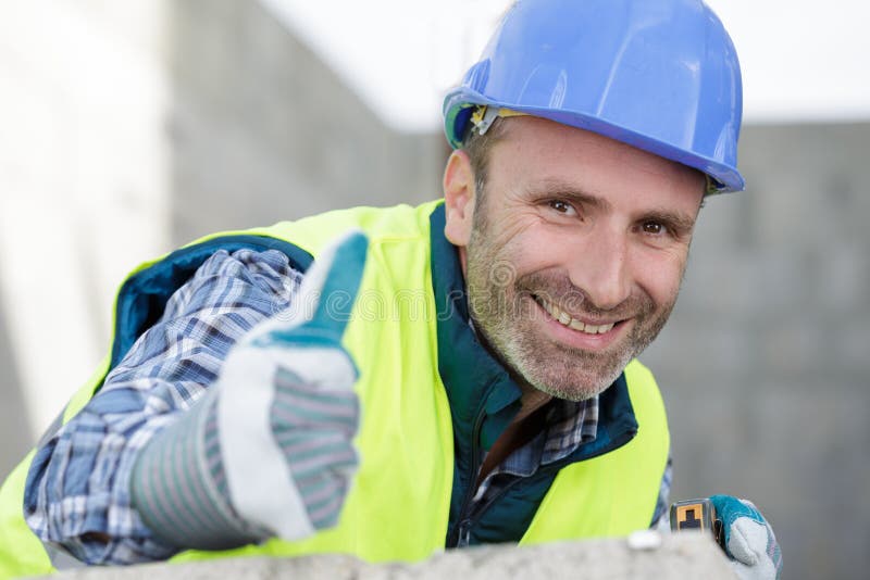 Portrait Cheerful Male Builder Showing Thumbs Up Stock Photo - Image of ...