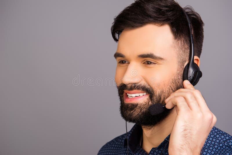 Portrait of Cheerful Man in Head-phones Touching Microphone Stock Image ...