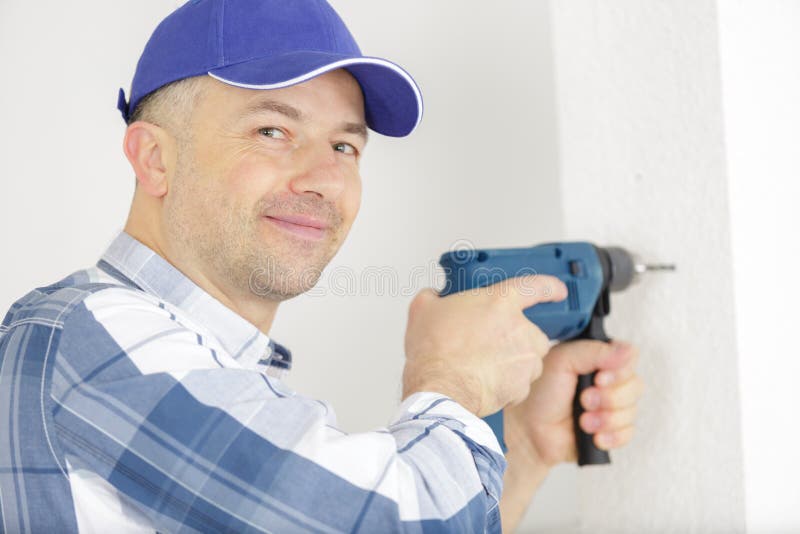 Portrait Cheerful Man Using Drill To Make Repair Stock Image - Image of ...