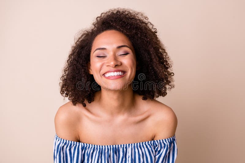 Portrait Of Cheerful Pretty Person Toothy Beaming Smile Laugh Closed