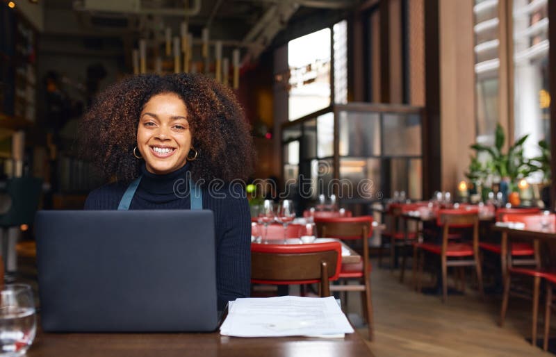 Portrait of Cheerful Restaurant Owner with Laptop Stock Photo - Image ...