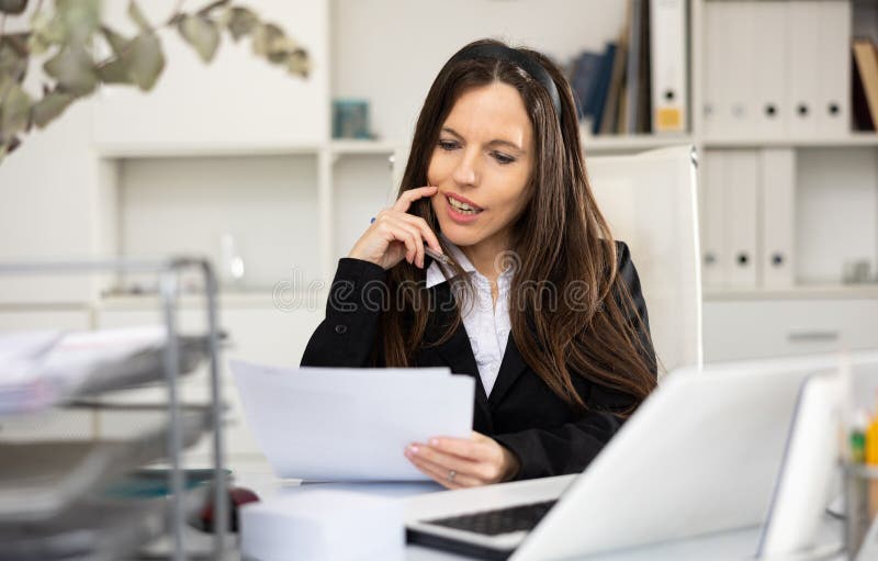Portrait of Cheerful Woman Office Worker Doing Paperwork Stock Image ...