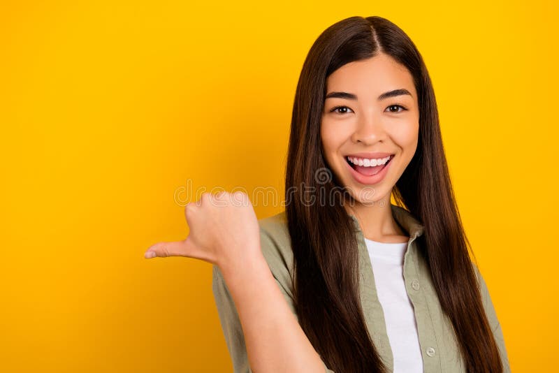 Portrait of Cheerful Young Woman Recommend New Job Application Ad ... Portrait of Cheerful Young Woman Recommend New Job Application Ad ...