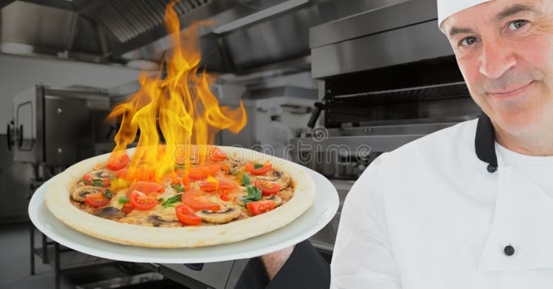 Portrait of Chef Holding Pizza with Burning Fire Stock Image - Image of ...