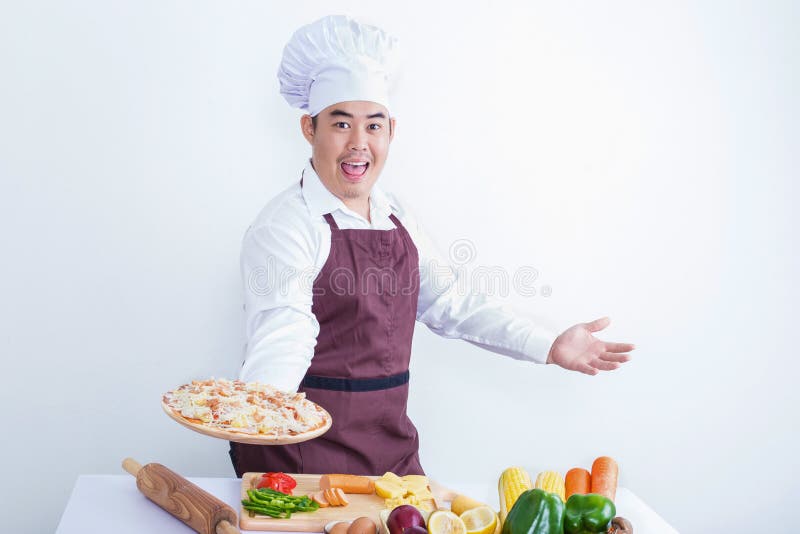 Portrait of a Chef Holding Pizza Stock Image - Image of good, lemon ...
