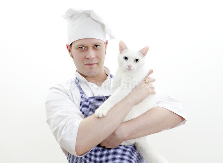Portrait of Chief Cook with Cat Stock Photo - Image of hands, cute ...