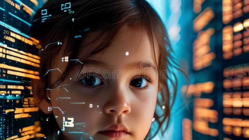 Portrait of a Child with Digital Code Overlay: AI Learning, Data, and Technology Future Stock ...