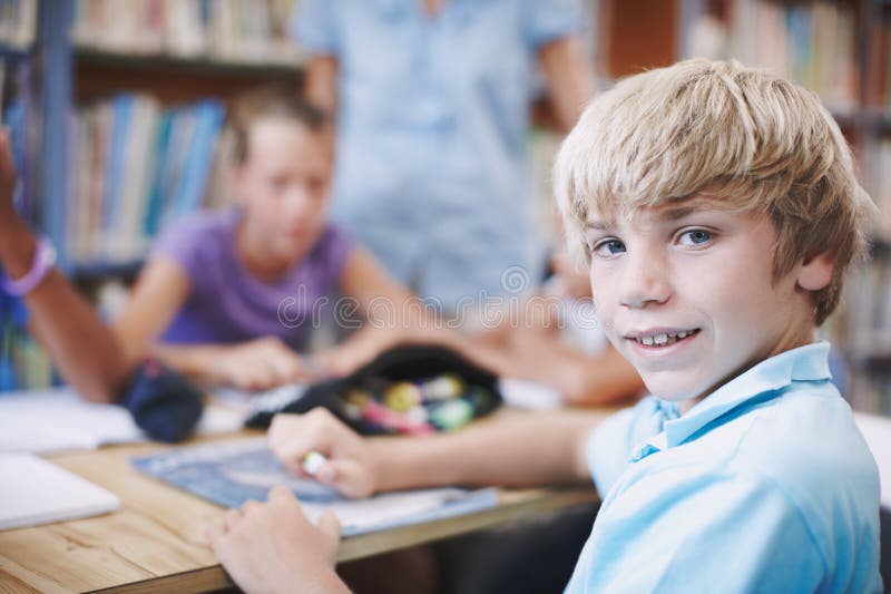 Portrait, Child and Education with Books in Library for Assessment ...