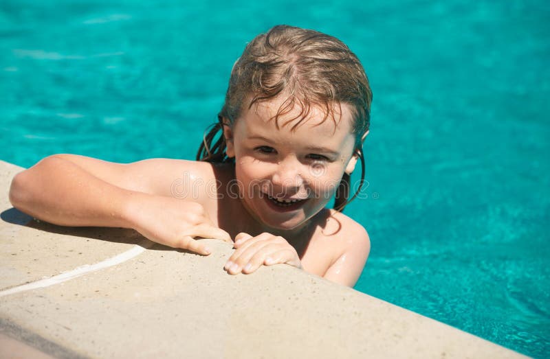 Portrait of Child in Summer Swimming Pool. Stock Image - Image of ...