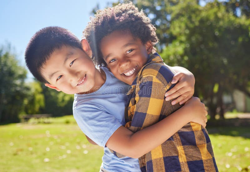 Portrait, Children and Friends Hugging in a Park Together for Fun ... Portrait, Children and Friends Hugging in a Park Together for Fun ...
