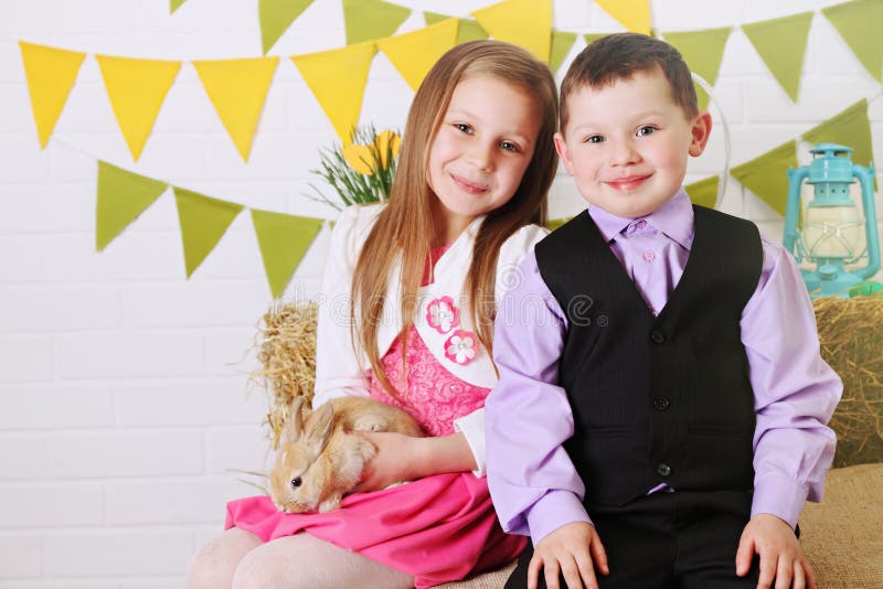 Portrait of Children with Rabbit Stock Photo - Image of holiday ...