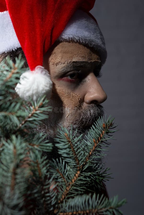 Portrait of Christmas Santa Close-up, Christmas Tree Scenery Stock ...