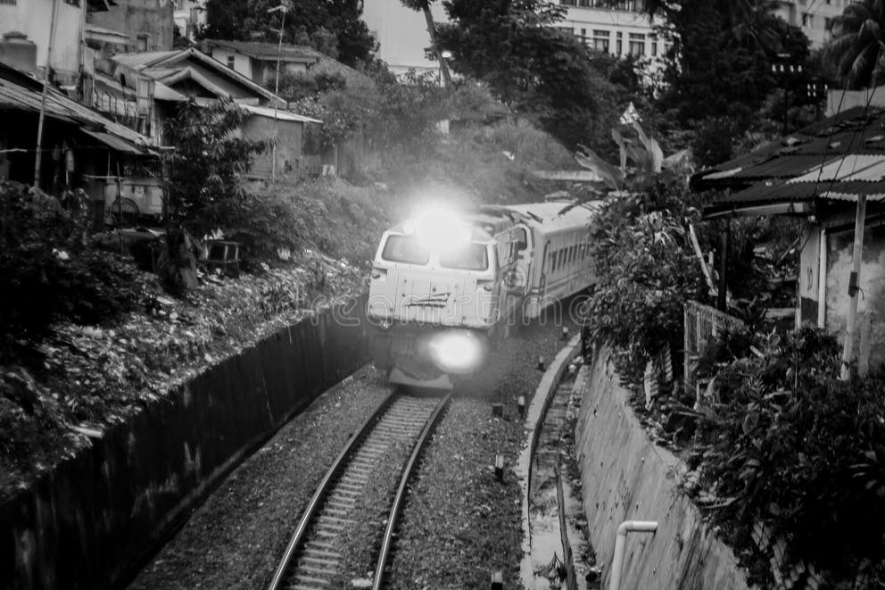 Portrait of a Classic Train Turning in Black and White Stock Image ...