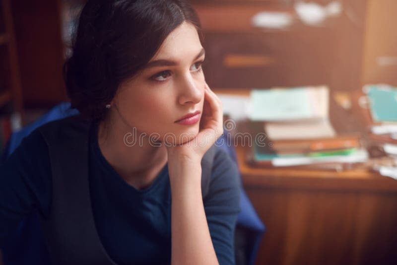 Portrait of Clever Young Woman Thinking Alone Stock Photo - Image of ...
