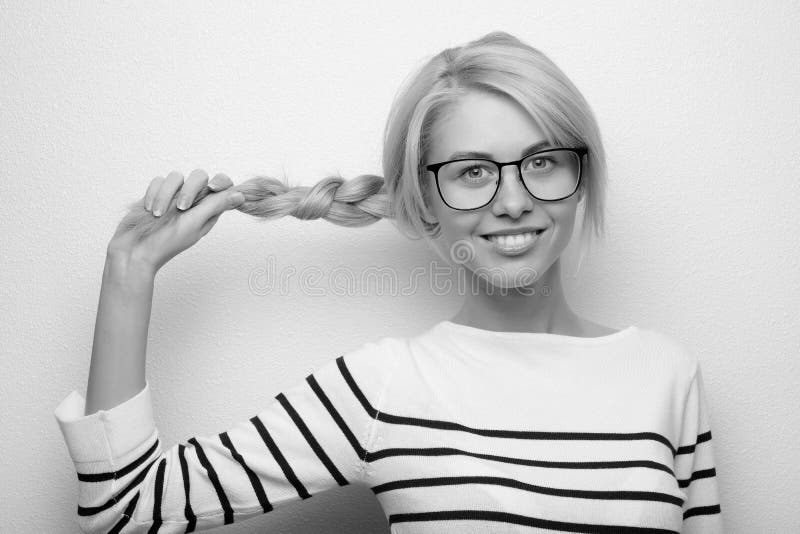 Black And White Portrait Closeup Young Woman In Glasses Stock Image
