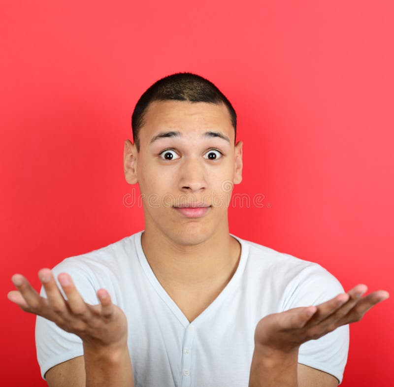 Portrait of Clueless Man Against Red Background Stock Image - Image of ...