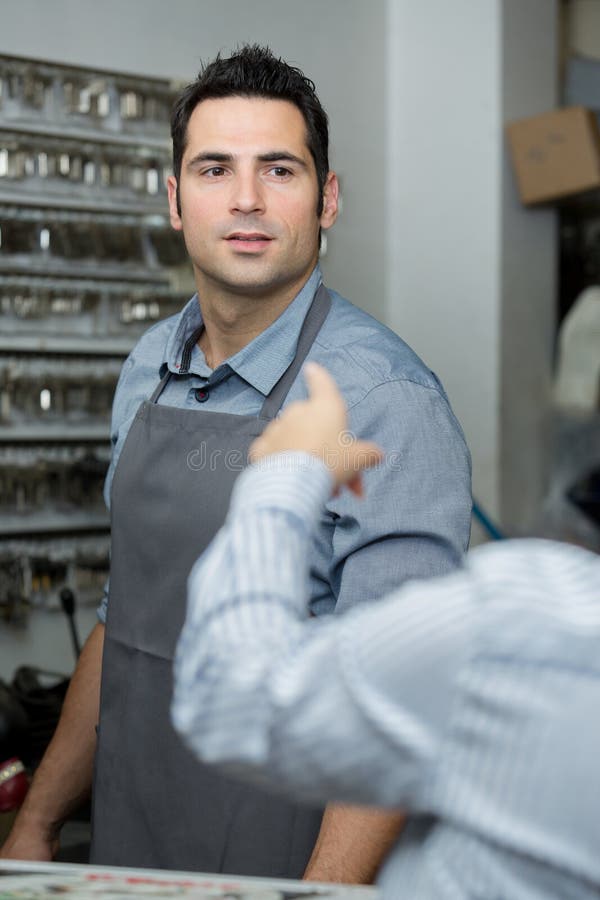 Portrait Cobbler Man Talking To Customer Stock Image - Image of style ...