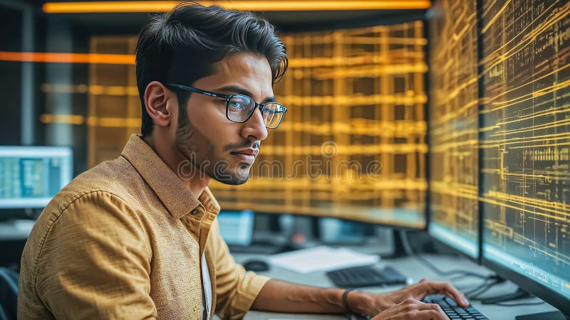 Portrait Of A Code Developer Sitting At A Table With Multiple Screens Analyzing An Algorithm In