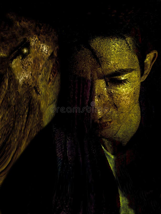 Portrait, Collage, Special Processing. Man, Looking Down. on Left Demon ...