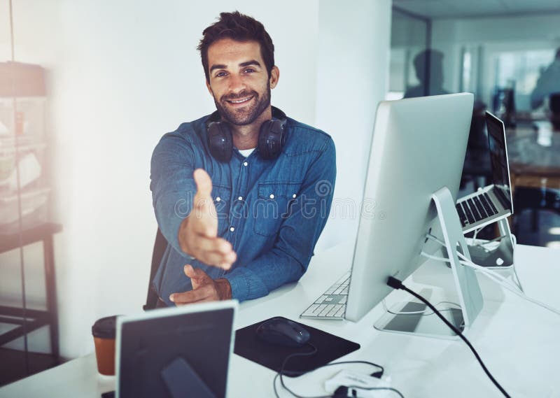 Portrait, Computer and Businessman with Handshake Gesture for Greeting ...