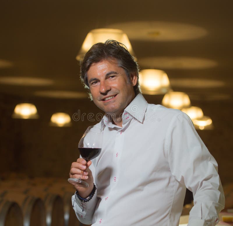 Portrait Confidant Vintner Drinking Red Wine in Winery Stock Photo ...