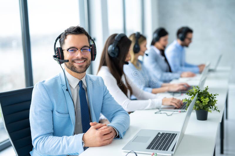 Portrait of Confident Bearded Call Center Operator Man Sitting at ...