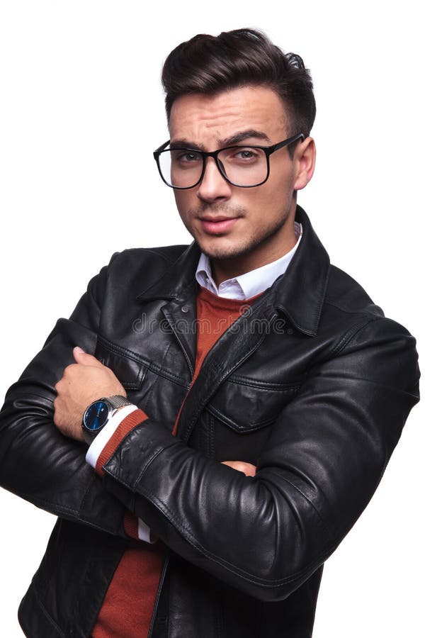 Portrait of a Confident Smart Man in Leather Jacket Stock Image - Image ...