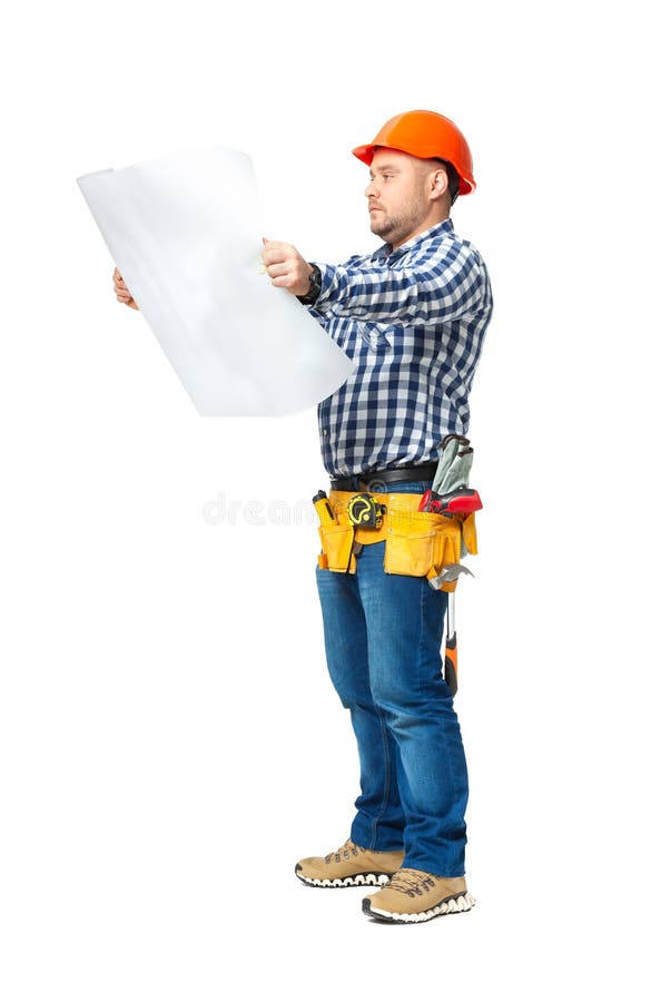 Portrait of Construction Builder Isolated on White. Stock Image - Image ...