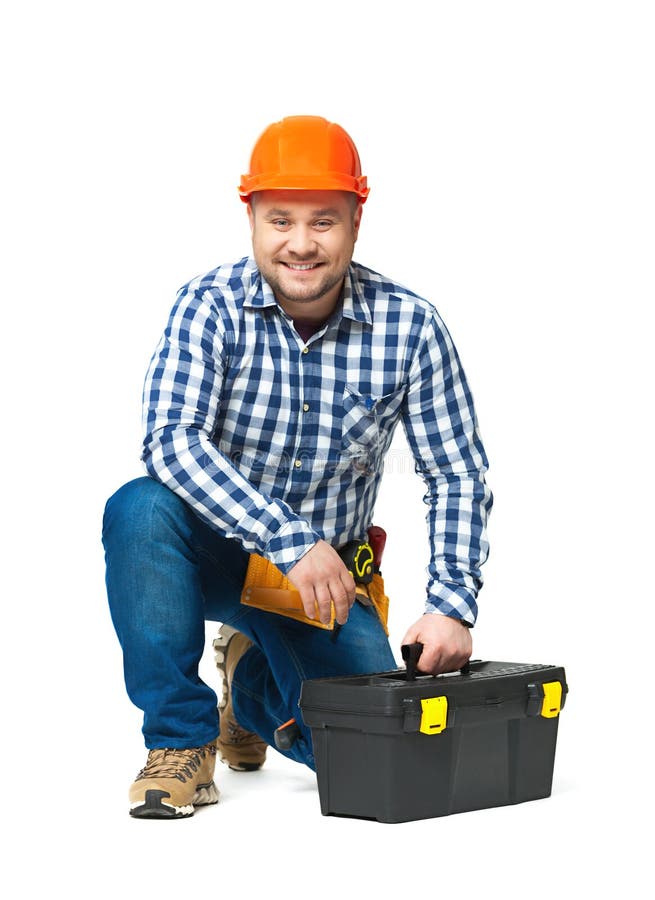 Portrait of Construction Builder Isolated on White. Stock Image - Image ...
