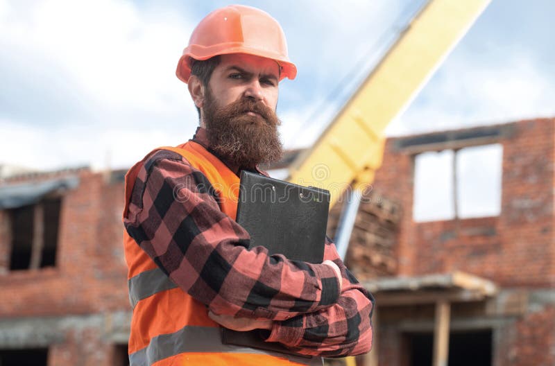 Portrait of Construction Builder. Builder Worker in Helmet Posing on ...