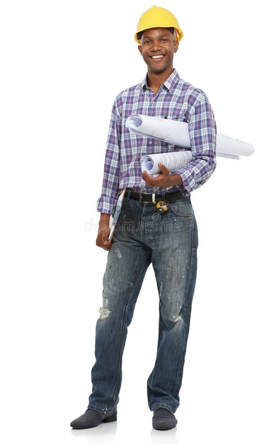 Portrait, Construction and Man with Building Blueprint in Studio ...