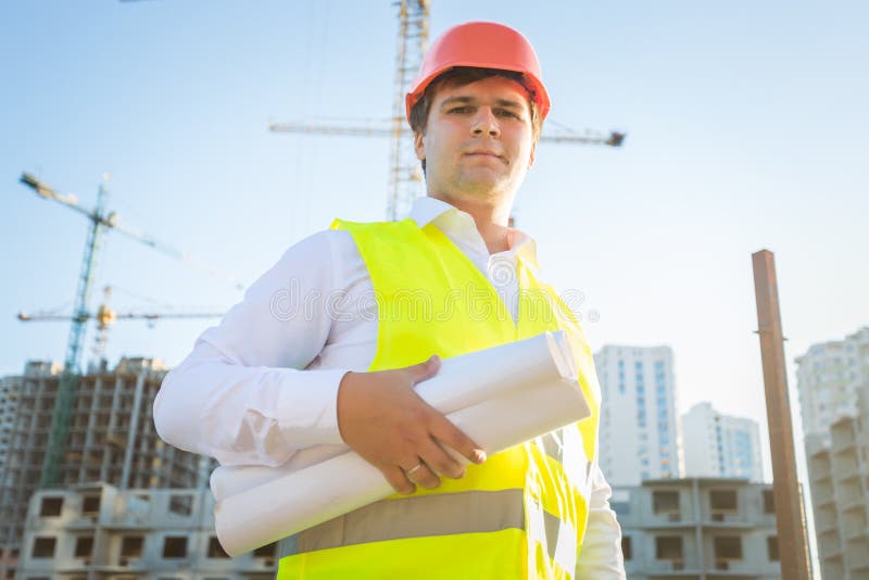 Portrait of Construction Manager Posing with Blueprints Stock Image ...