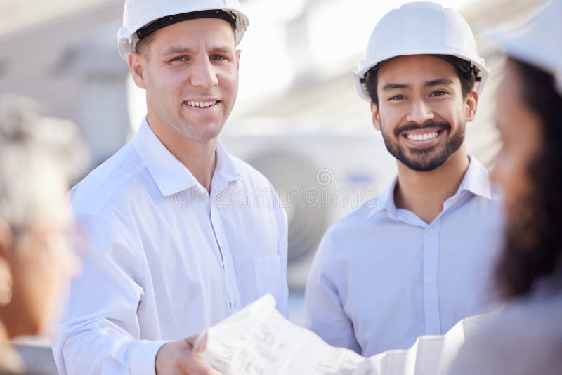Portrait, Construction Site or Engineering People with Blueprint for ...