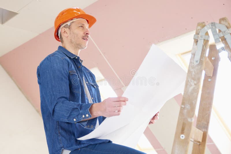 Thinking Construction Worker Portrait Stock Image - Image of ...