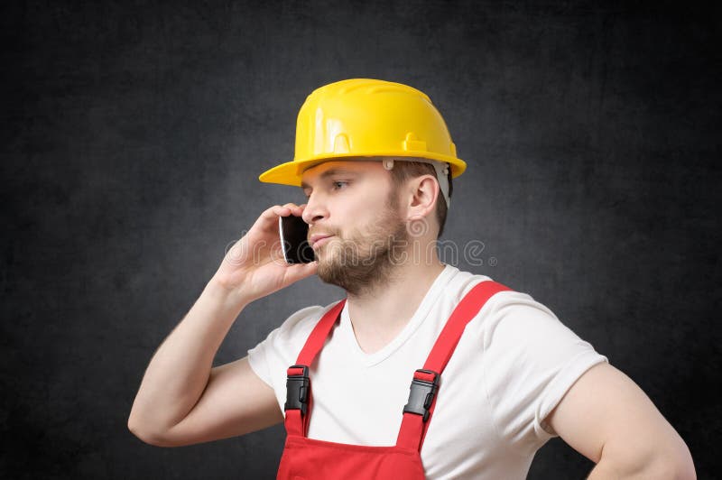Construction Worker Using Smartphone Stock Image - Image of repairman ...
