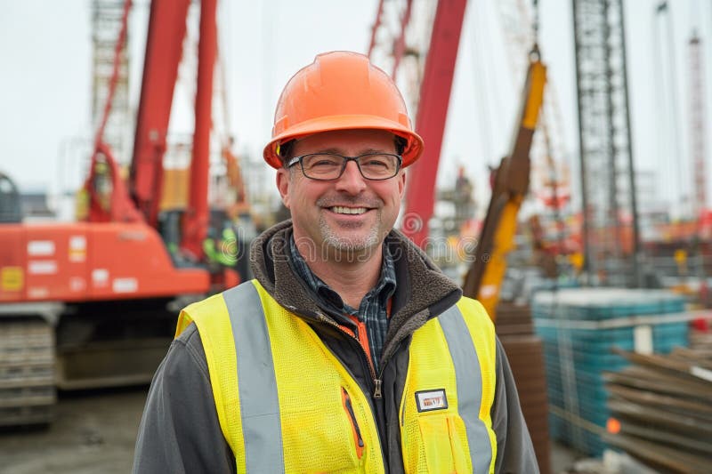Happy Construction Worker Smiling on Site Near Machinery Stock ...