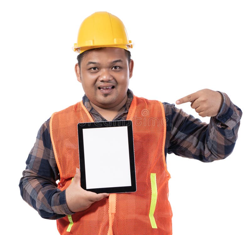 Portrait of Constructor Showing New Concept on Tablet and Look at ...