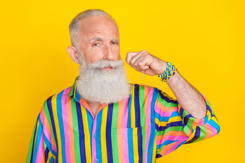 Portrait Of Cool Optimistic Nice Old Man Long Beard Wear Colorful Shirt
