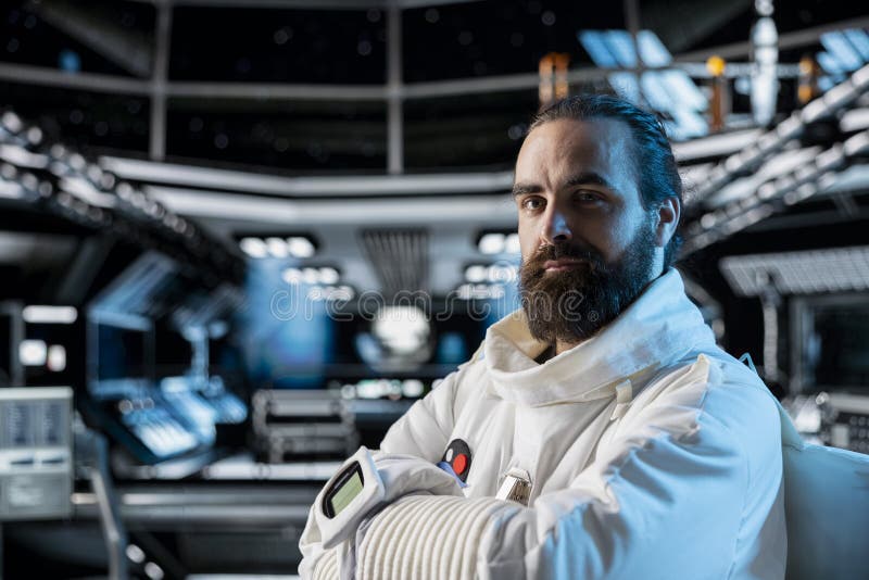 Portrait of Cosmonaut Testing Gear during Routine Equipment Check Stock ...