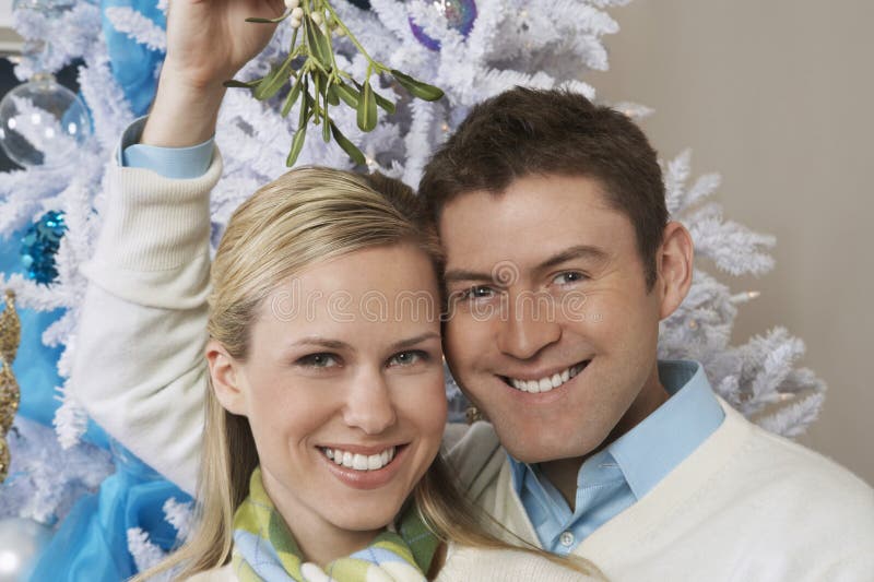 Portrait of Couple Under Mistletoe Stock Image - Image of holiday ...